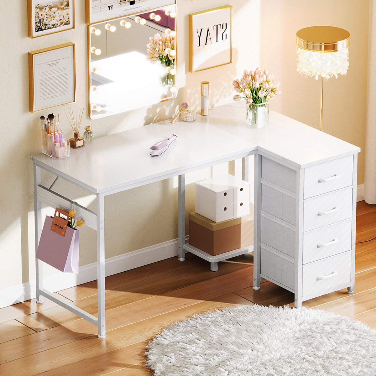 Ebern Designs Writing Desk With 4 Large Storage Drawers, L-Shaped Desk With Cpu Stand,Computer ...